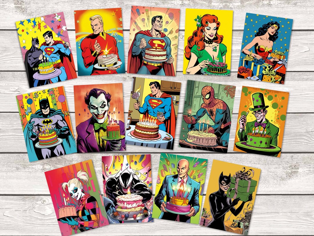 Comic Style Birthday Cards Greeting Cards Set 14 Cards Superheroes and ...