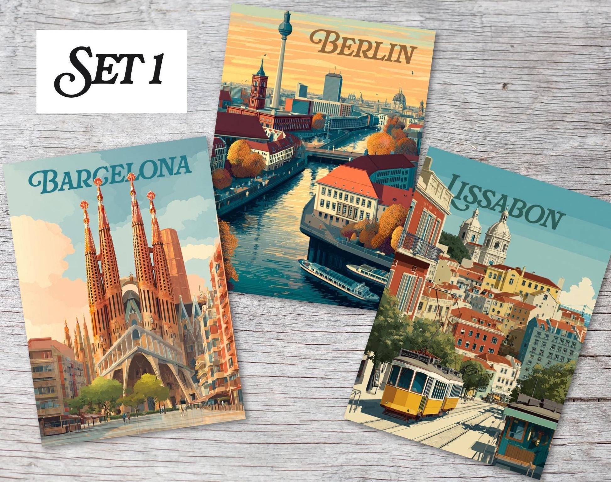 Vintage Postcard Set Europe – 15 City Illustrations in Retro Style, A6 ...
