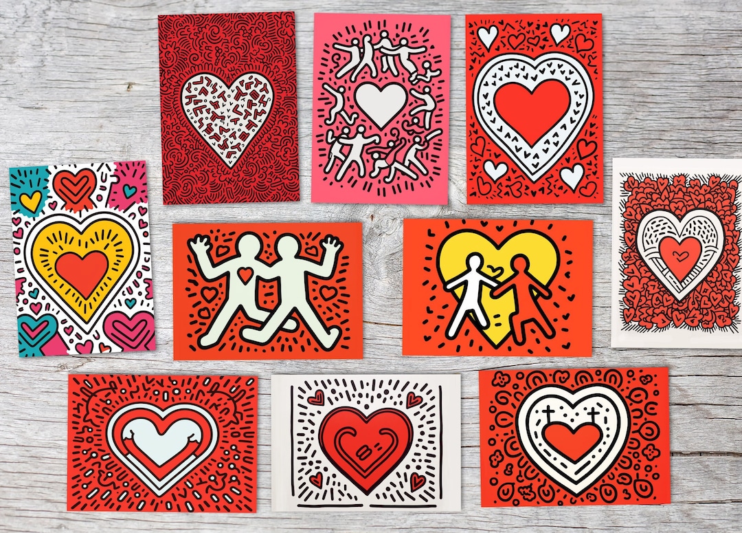 Valentine's Cards Love Postcards A6 Set (10 Cards) Keith Haring Style I ...
