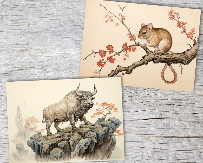 Chinese Zodiac Signs as Postcards A6 Set (12 Cards) Asian Culture I ...