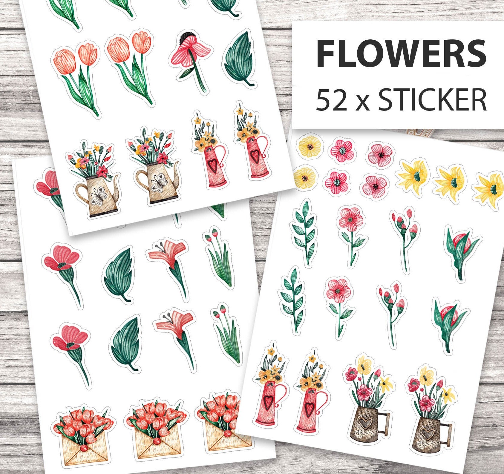 Sticker Cut Flowers Watercolor Flowers Sticker Set 52 - Etsy