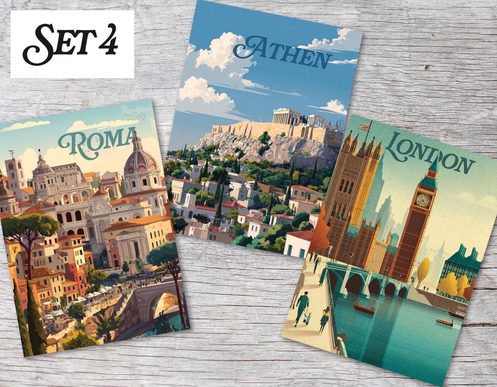 Vintage Postcard Set Europe – 15 City Illustrations in Retro Style, A6 ...