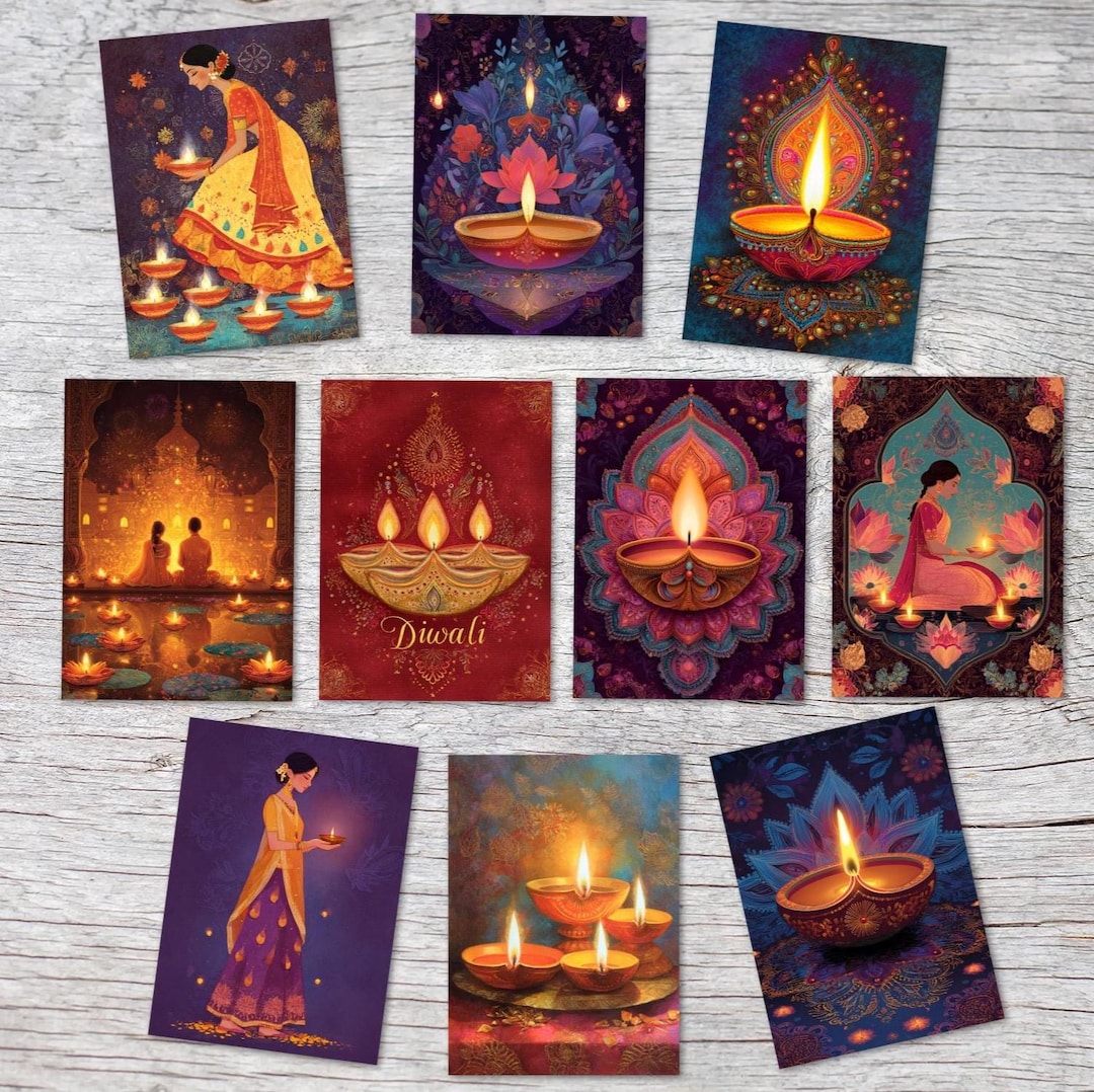 Diwali Card Set – 10 Festival of Lights Greeting Cards | Indian Diwali ...