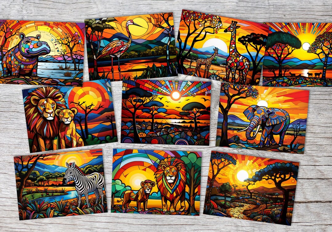 Colourful Africa Postcards A6 Set (10 Cards) Lions Elephants Hippo ...