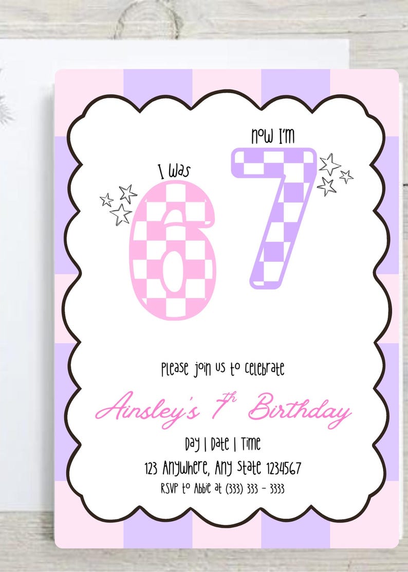 6 7 Girl Birthday Invitation Template, Checkered Pattern Theme ...