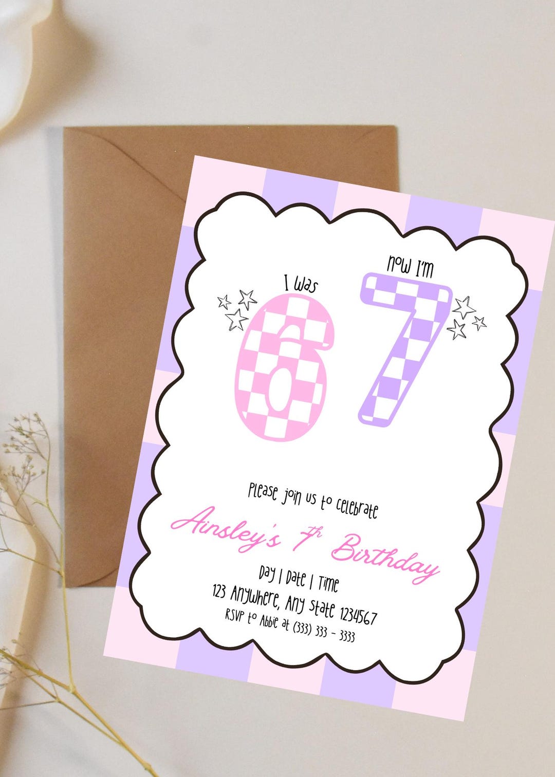 6 7 Girl Birthday Invitation Template, Checkered Pattern Theme ...