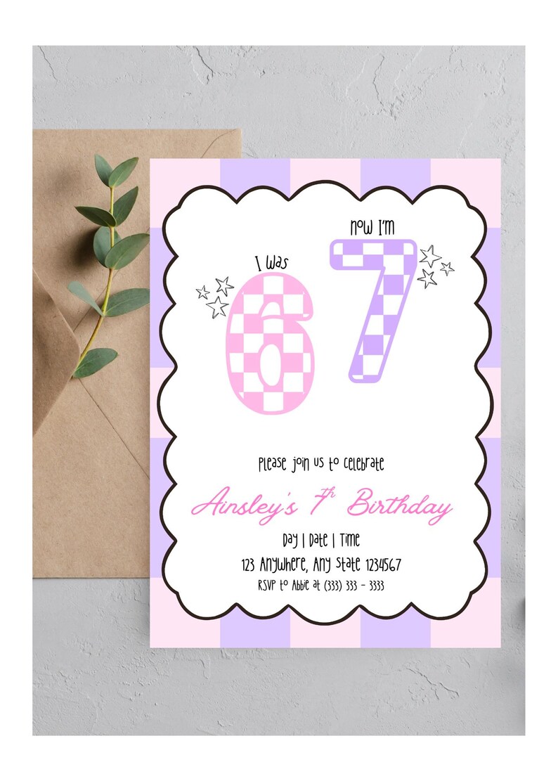 6 7 Girl Birthday Invitation Template, Checkered Pattern Theme ...
