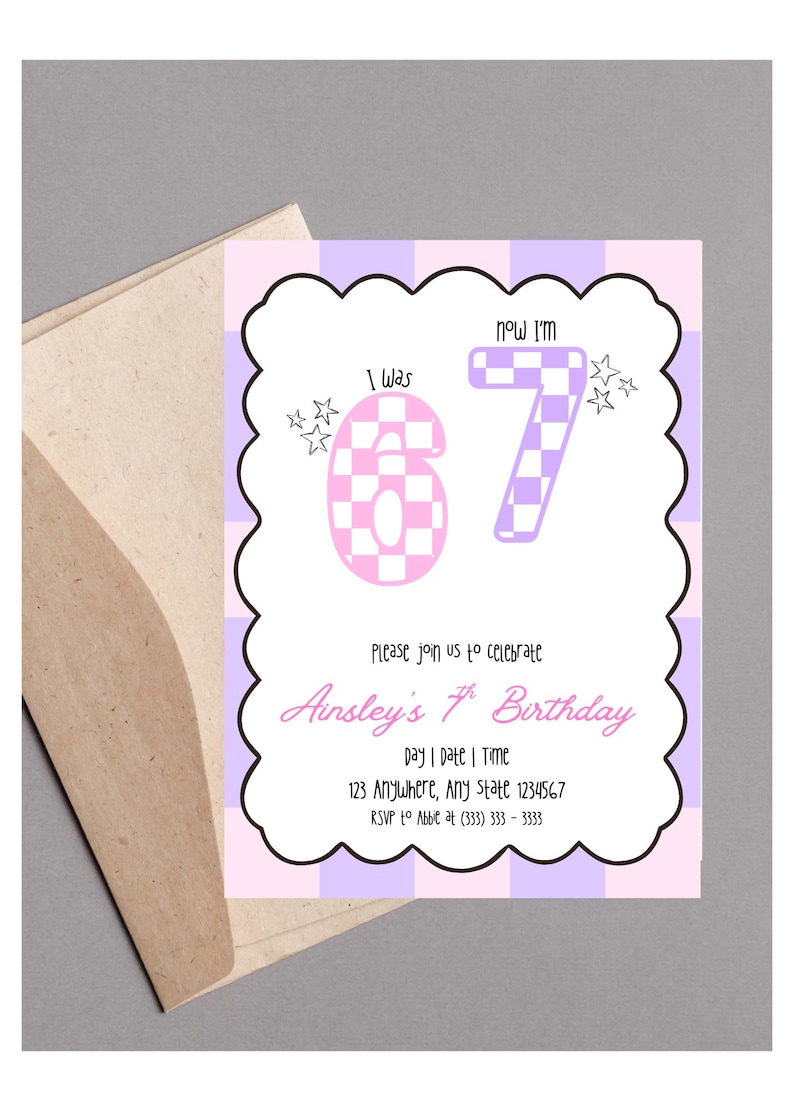 6 7 Girl Birthday Invitation Template, Checkered Pattern Theme ...