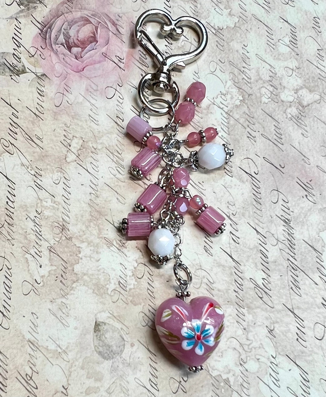 Pink Purse Charm - Pink Heart Purse Charm - Bag Charm - Beaded Purse ...