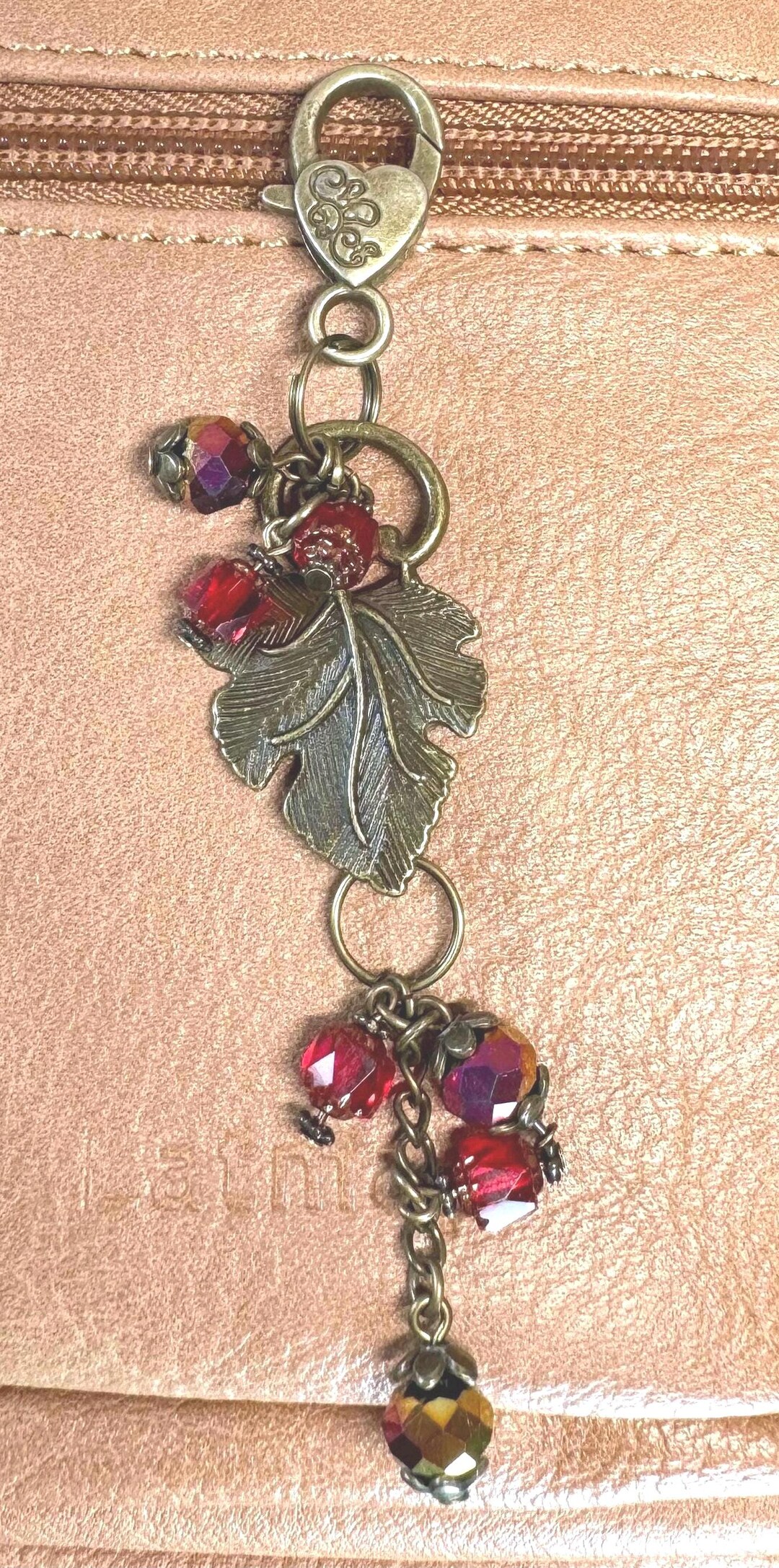 Red Beaded Purse Charm: Brass Grape Leaf Handbag Dangle - Etsy