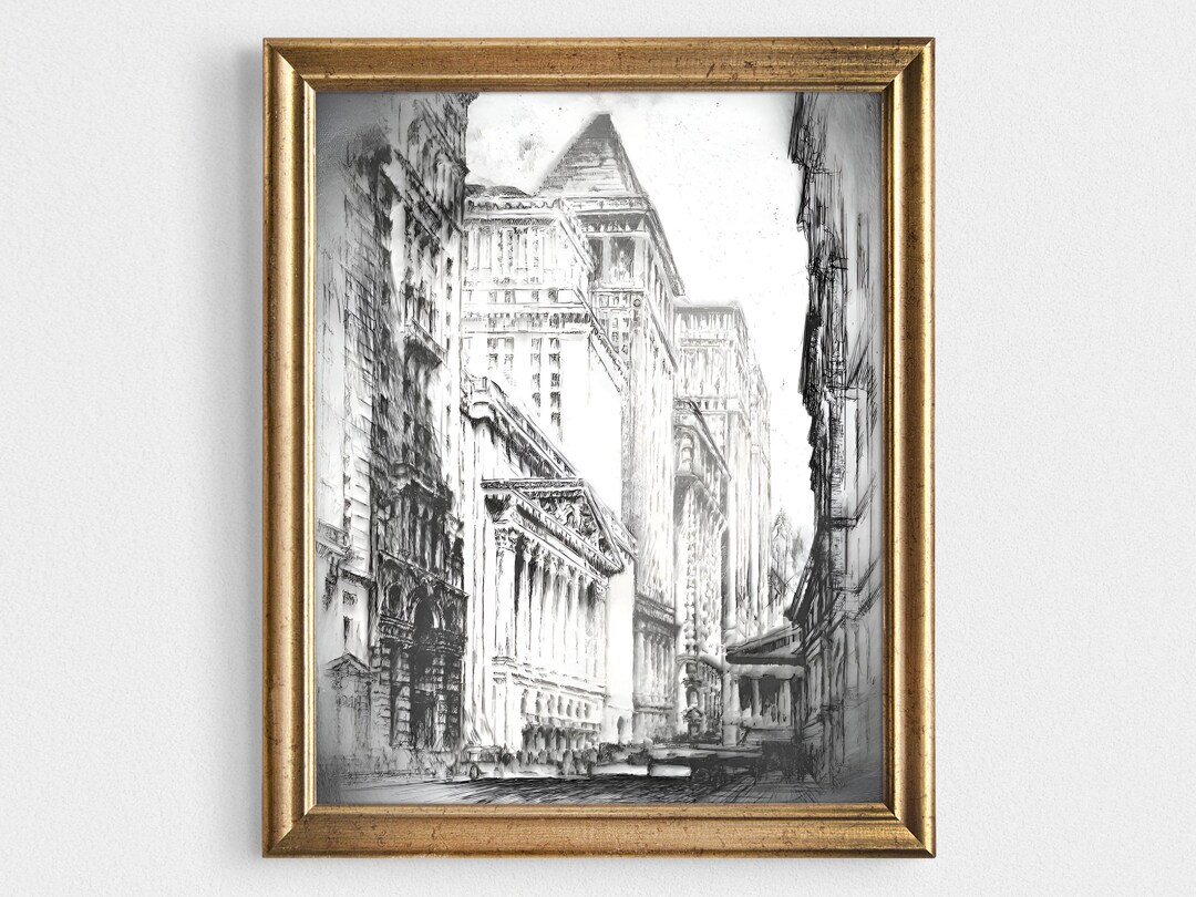 Vintage New York Stock Exchange Drawing, Cityscape Sketch Art ...