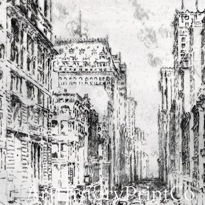 Vintage Lower Broadway Drawing, New York City Sketch Art, Antique ...