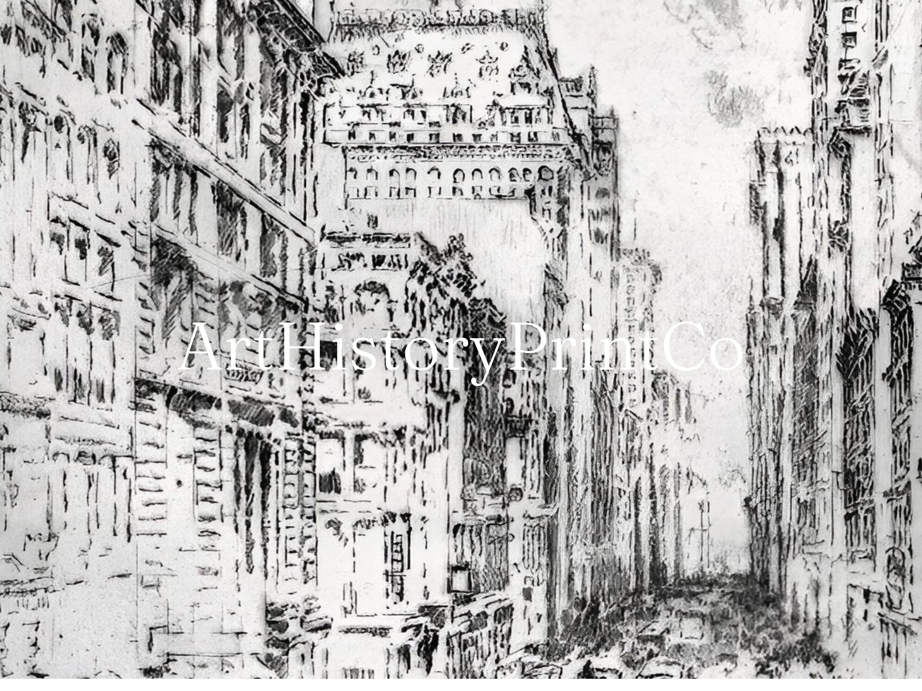 Vintage Lower Broadway Drawing, New York City Sketch Art, Antique ...