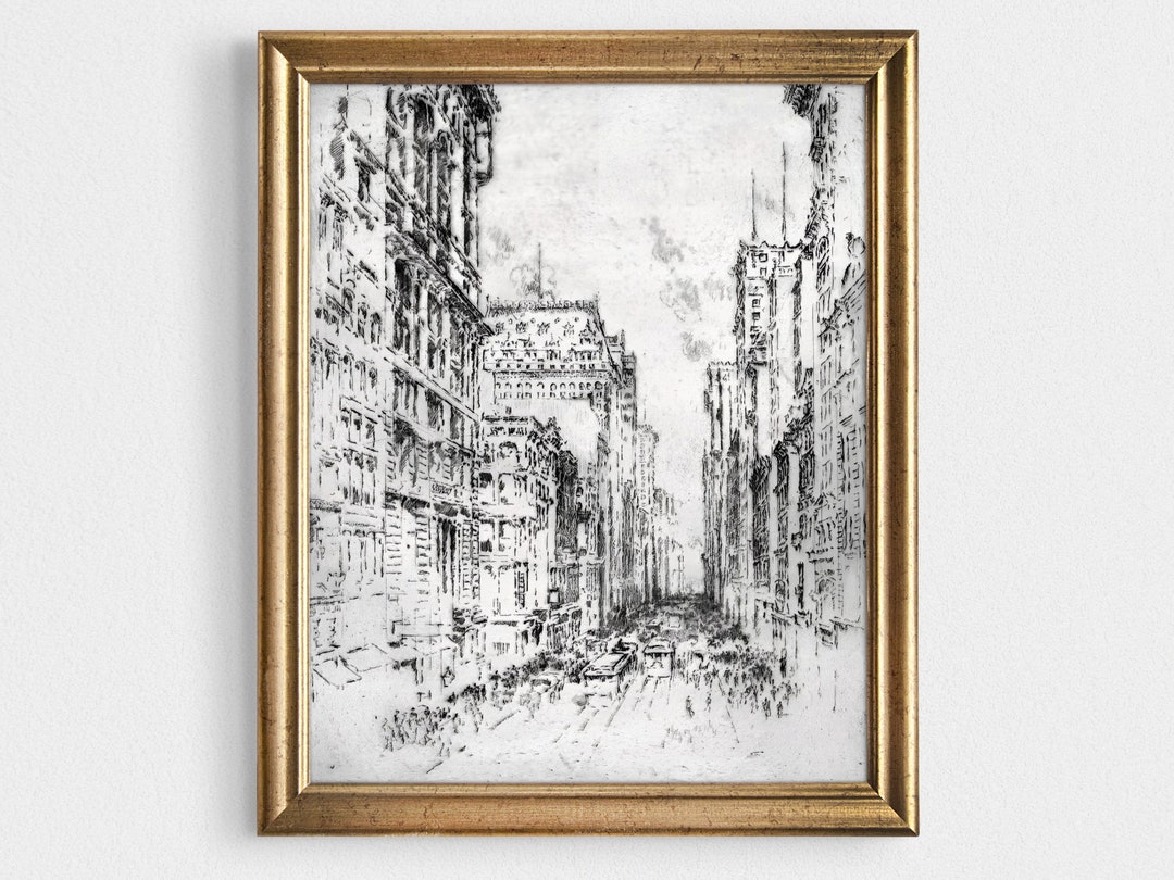 Vintage Lower Broadway Drawing, New York City Sketch Art, Antique ...