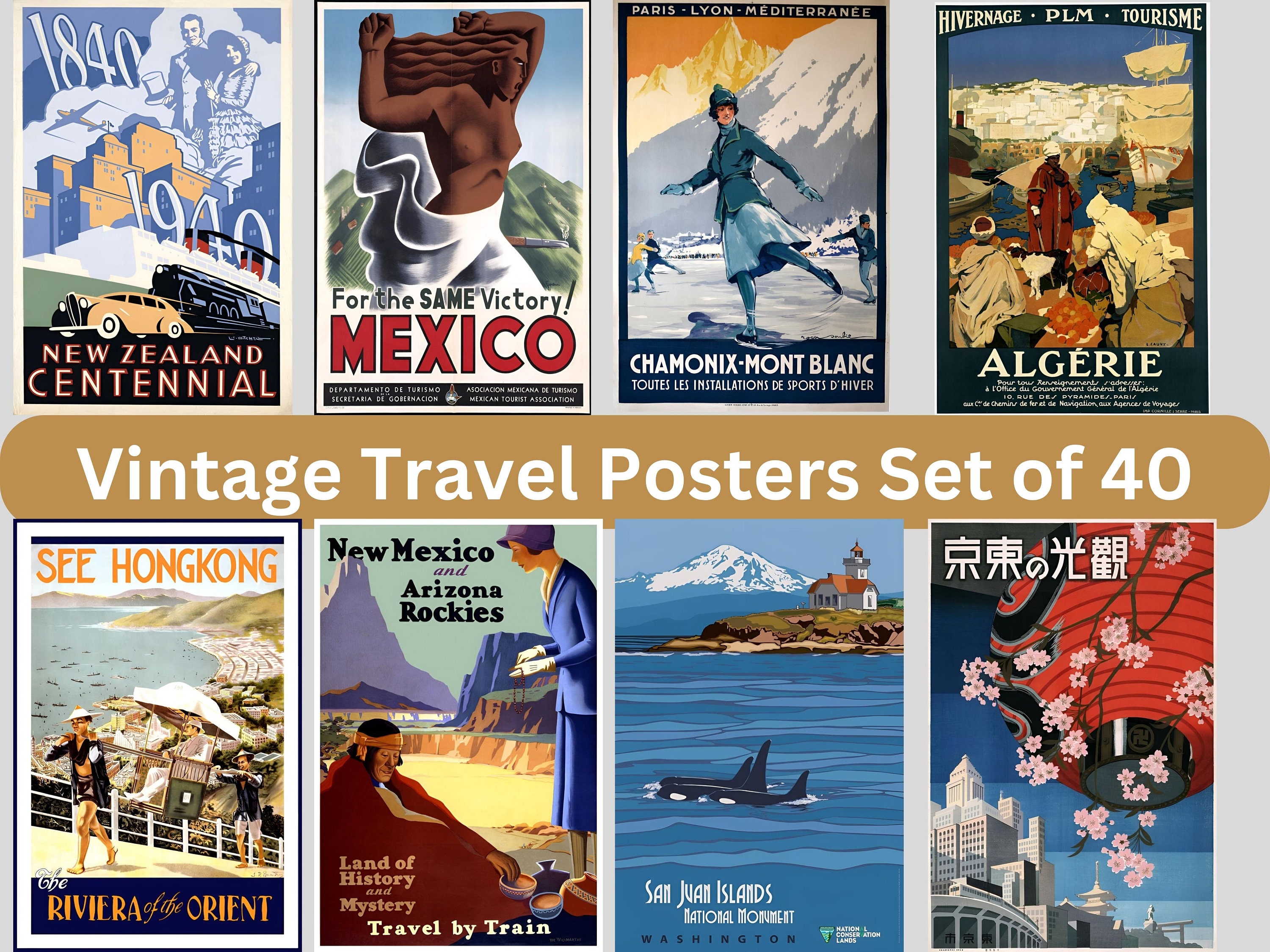40 Vintage Travel Poster Set, Retro Travel Posters, Vintage Poster Art ...