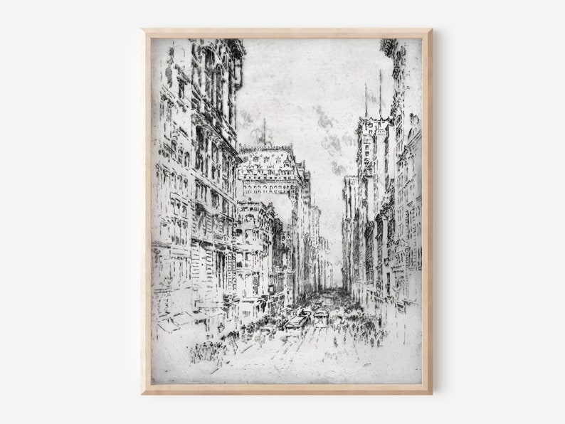 Vintage Lower Broadway Drawing, New York City Sketch Art, Antique ...