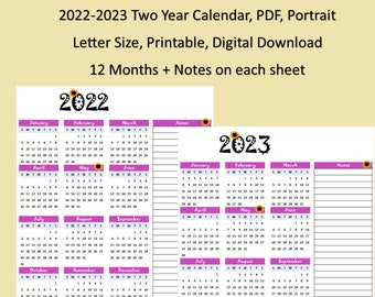 2022-2023 Year at a Glance Calendar With Notes, Printable, Letter Size ...