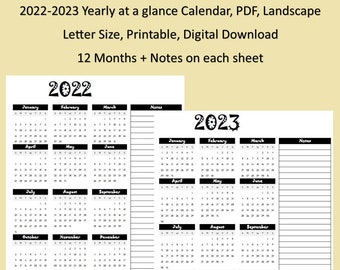 2022-2023 Year at a Glance Calendar With Notes, Printable, Letter Size ...