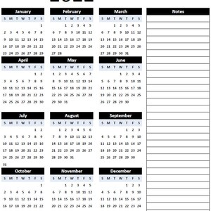 2022-2023 Year at a Glance Calendar With Notes, Printable, Letter Size ...