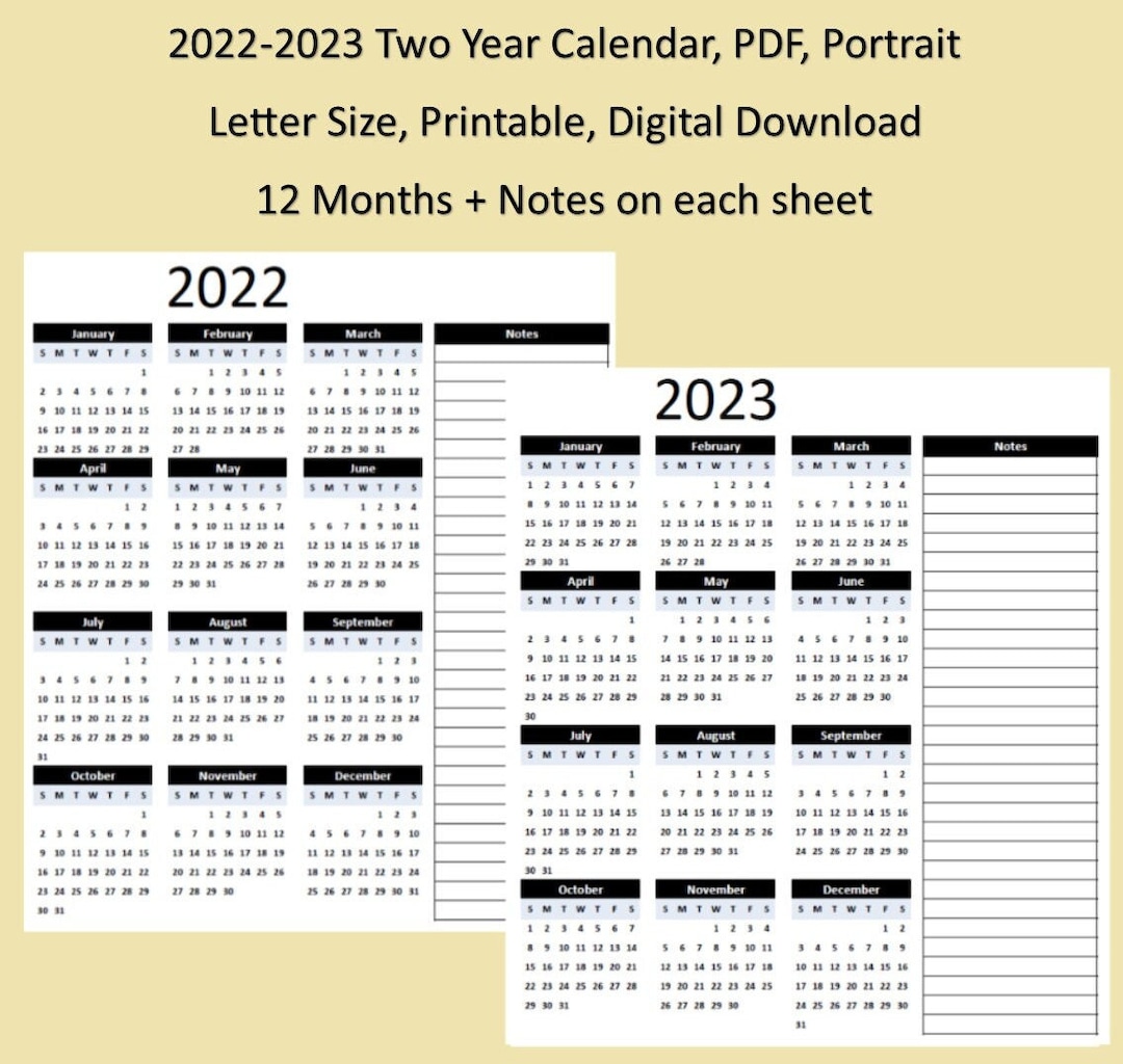2022-2023 Year at a Glance Calendar With Notes, Printable, Letter Size ...