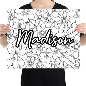 Custom Name Coloring Page, Large Floral Coloring Poster, Flowers ...