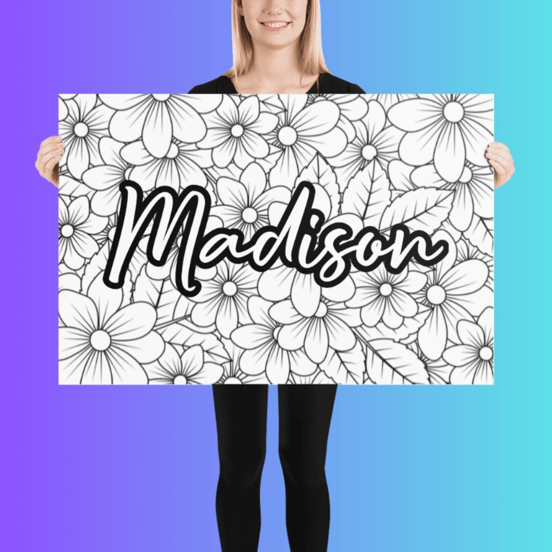 Custom Name Coloring Page, Large Floral Coloring Poster, Flowers ...