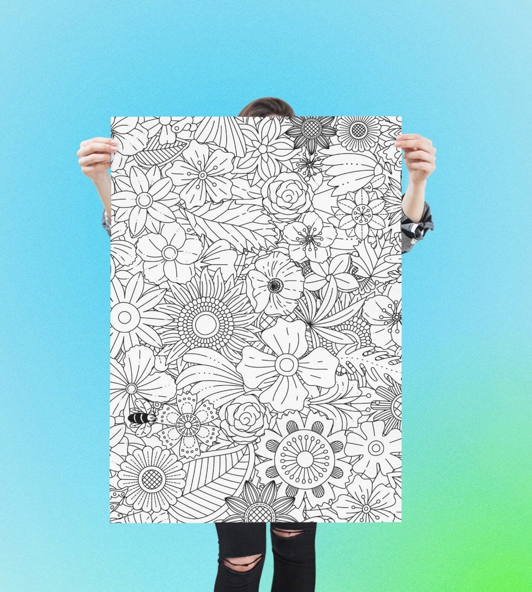 Large Floral Coloring Poster, Coloring Page, Adults Coloring Page, Kids ...