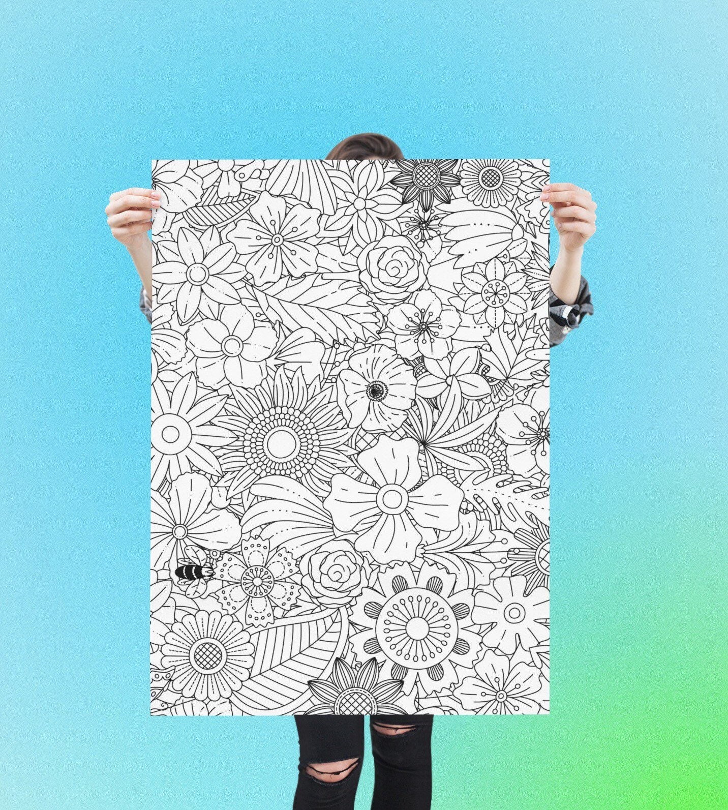Large Floral Coloring Poster, Coloring Page, Adults Coloring Page, Kids ...
