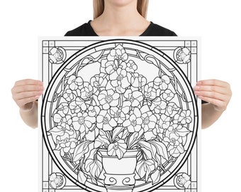 Floral Stained Glass Coloring Poster, Large Coloring Page, Adult ...