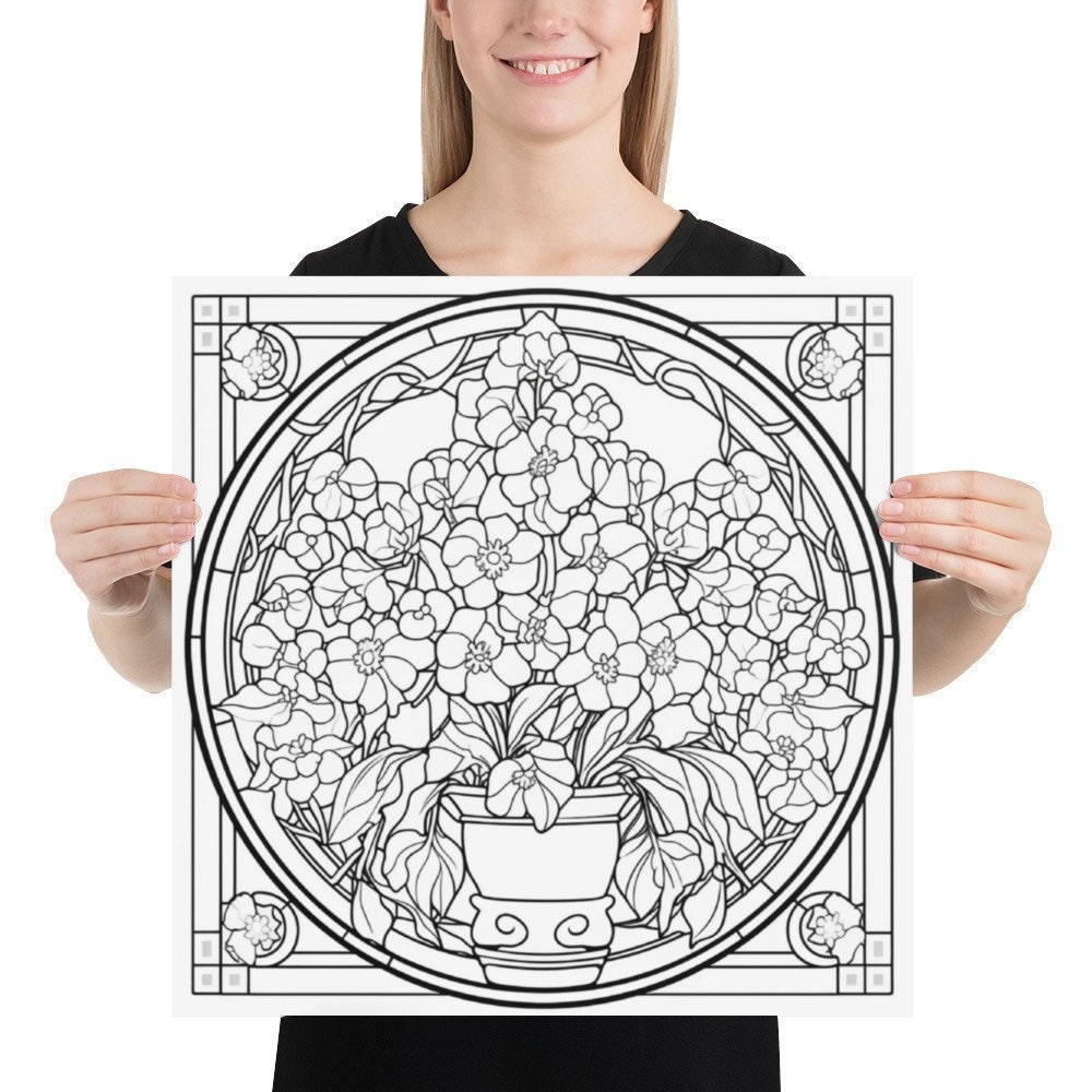 Floral Stained Glass Coloring Poster, Large Coloring Page, Adult ...