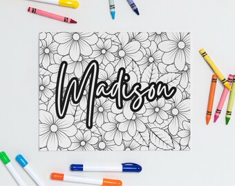 Custom Name Coloring Page, Large Floral Coloring Poster, Flowers ...