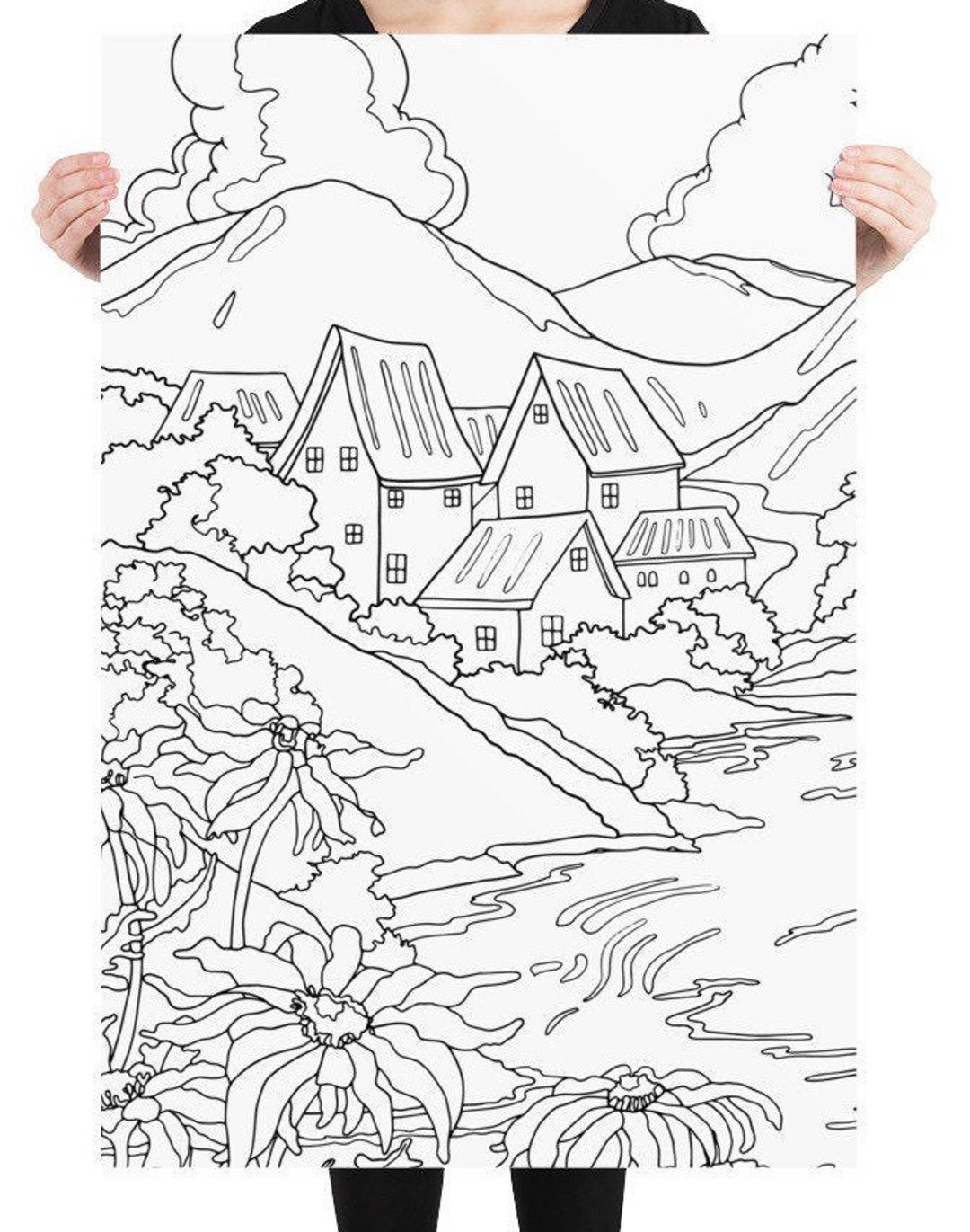 Cabins on a Hill Large Coloring Poster, Coloring Page, Adults Coloring ...