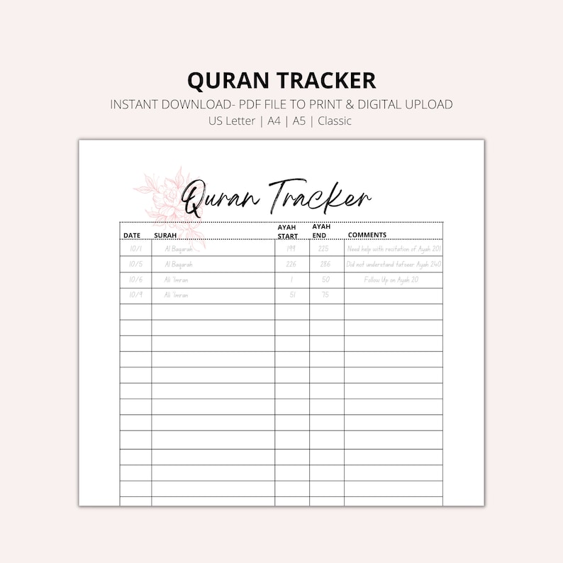 Quran Tracker Quran Reading Log Printable Quran Tracker - Etsy