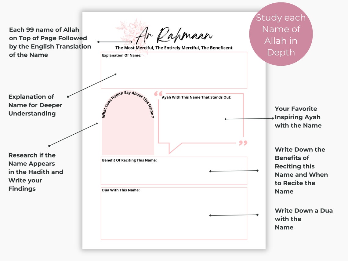 99 Names of Allah Study Worksheet, Al Asma Ul Husna Study Worksheet, - Etsy