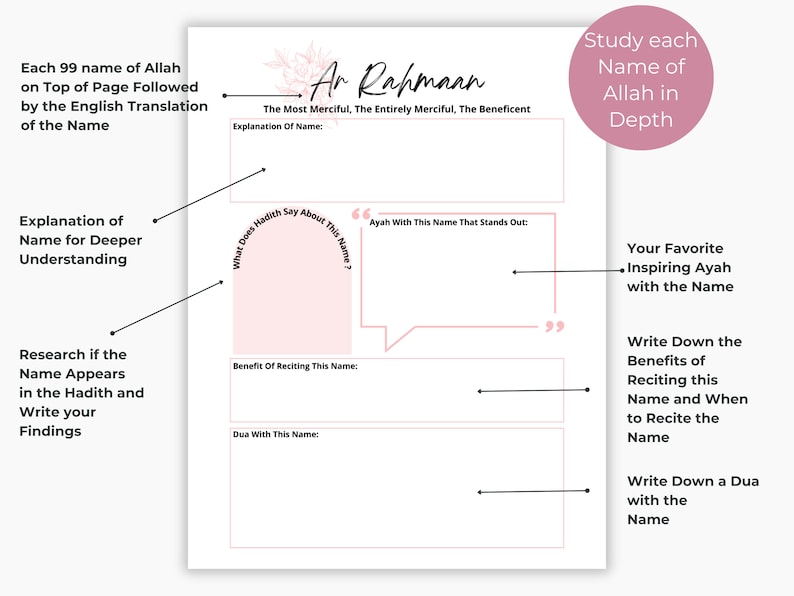 99 Names of Allah Study Worksheet, Al Asma Ul Husna Study Worksheet, - Etsy