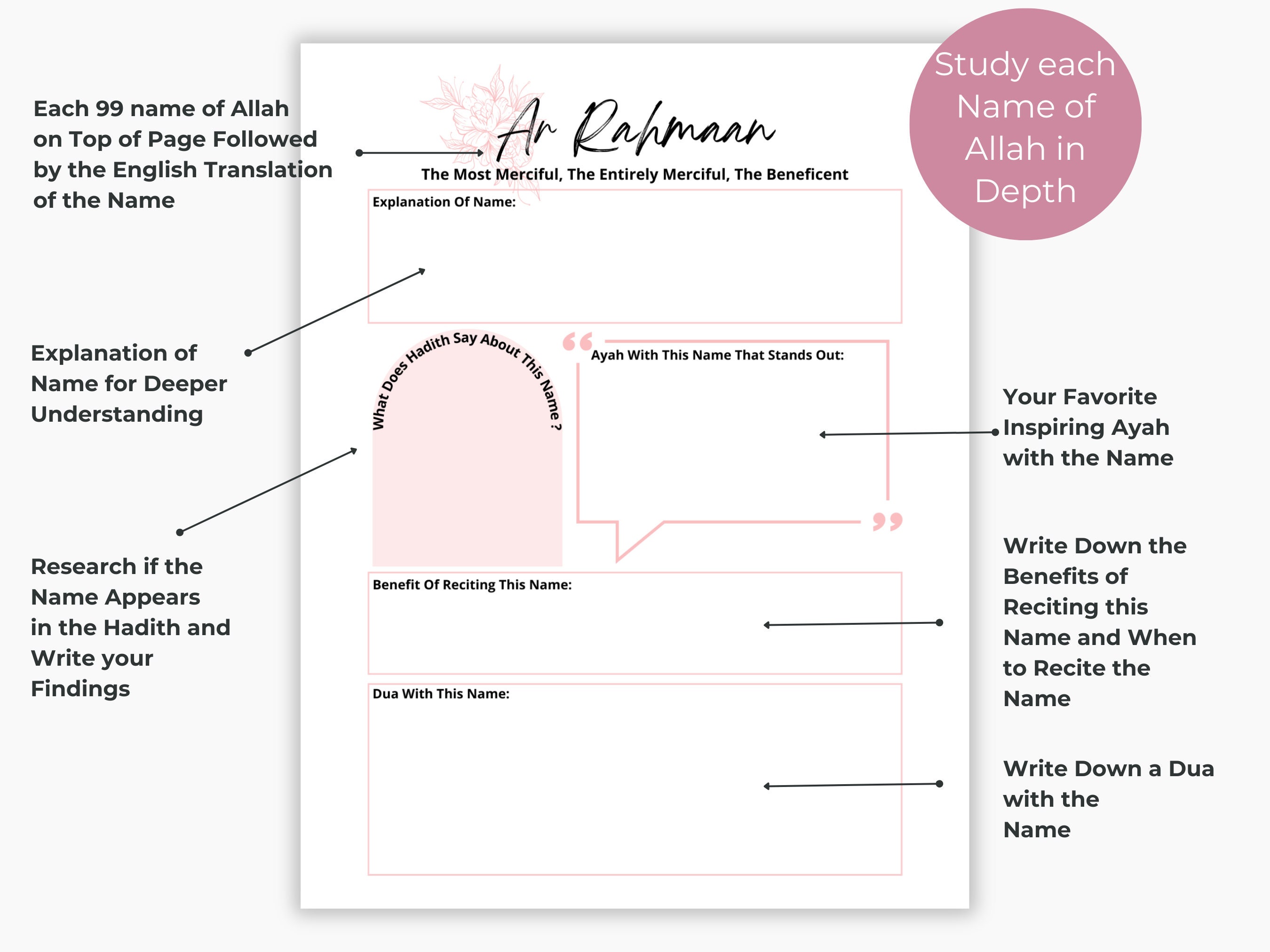 99 Names of Allah Study Worksheet, Al Asma Ul Husna Study Worksheet, - Etsy