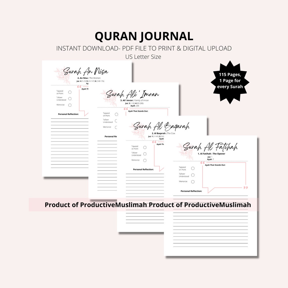 Quran Journal 115 Pages to Learn and Reflect on Each Surah of - Etsy