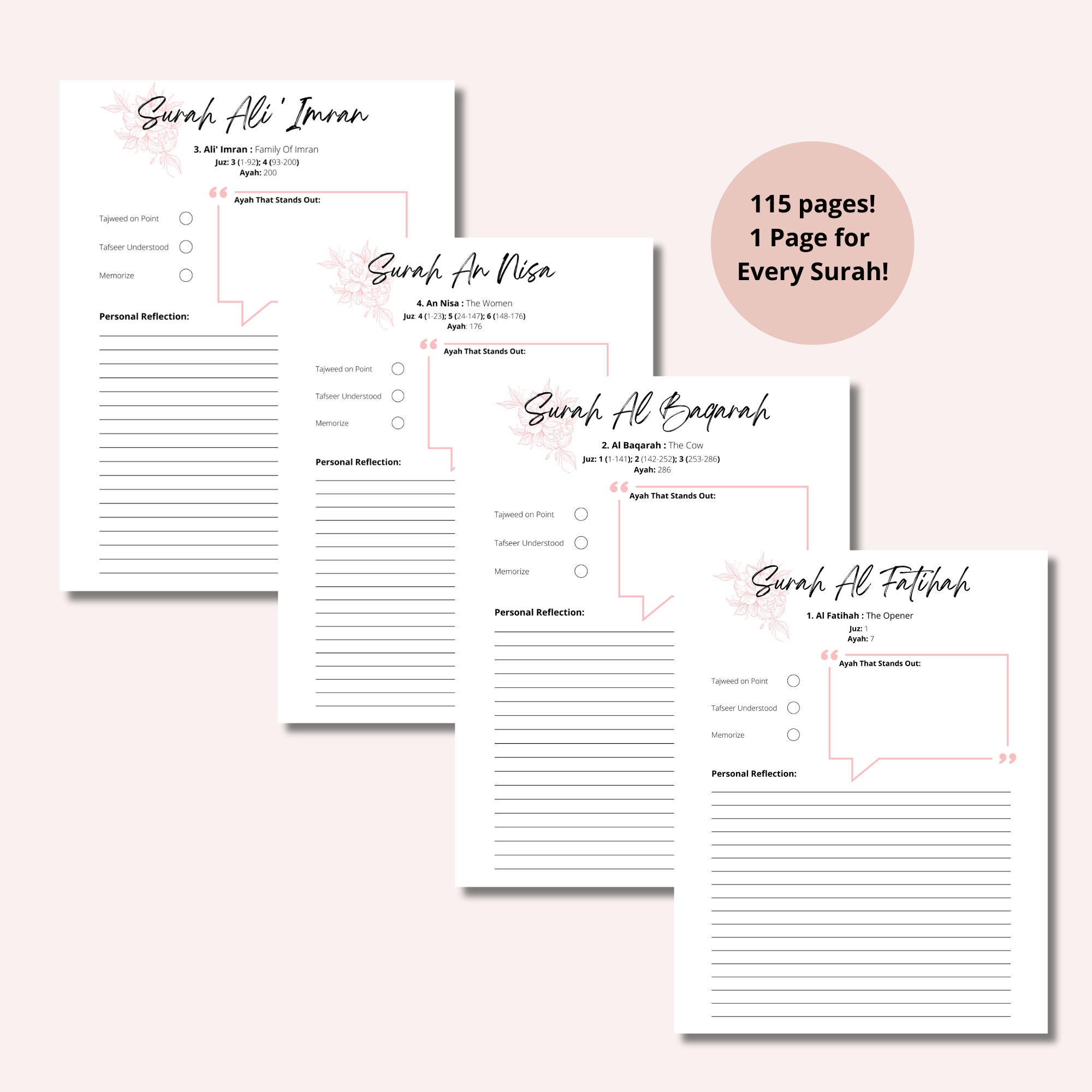 Quran Journal, 115 Pages to Learn and Reflect on Each Surah of Quran ...