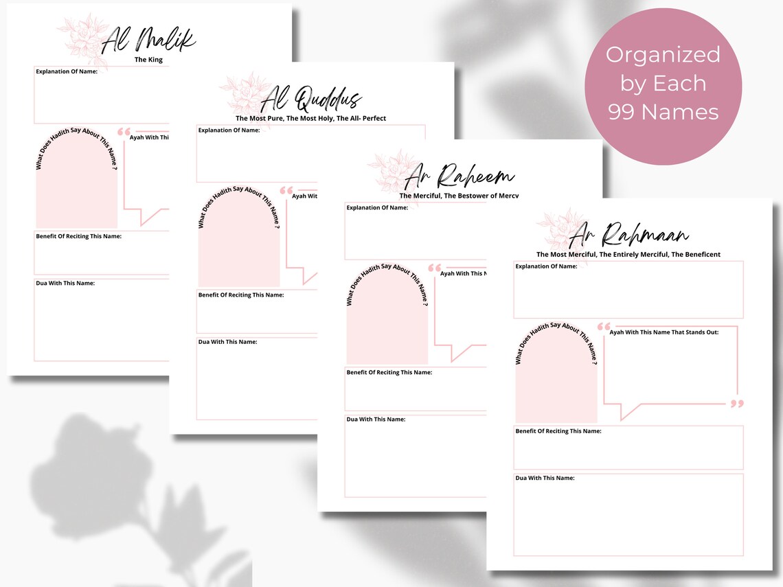 99 Names of Allah Study Worksheet, Al Asma Ul Husna Study Worksheet, - Etsy