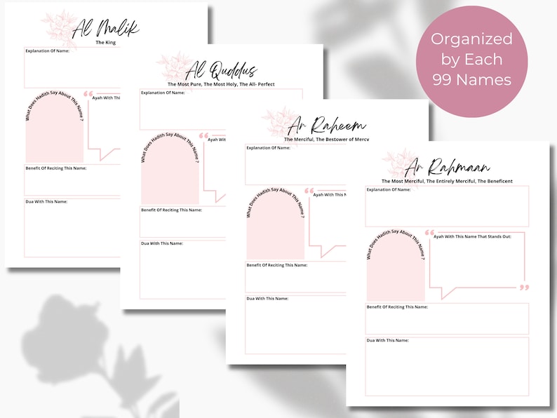 99 Names of Allah Study Worksheet, Al Asma Ul Husna Study Worksheet, - Etsy