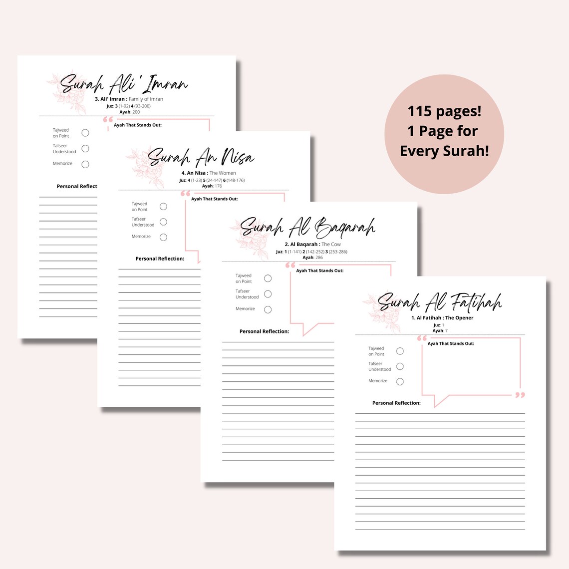 Quran Journal 115 Pages to Learn and Reflect on Each Surah of - Etsy