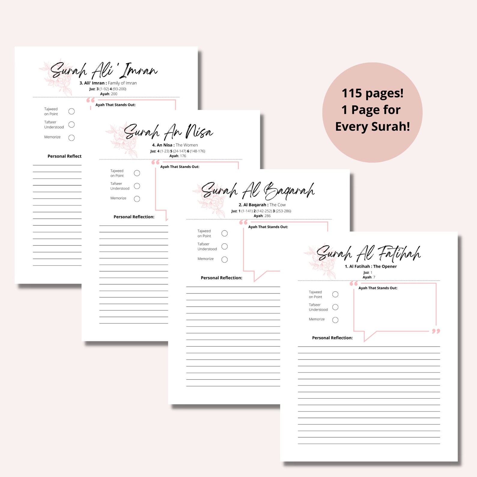 Quran Journal 115 Pages to Learn and Reflect on Each Surah of - Etsy