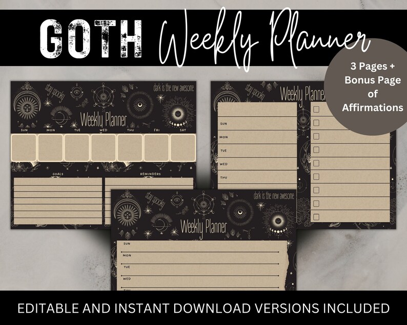 Goth Weekly Planner Bundle With Bonus Affirmation Page Digital Download ...