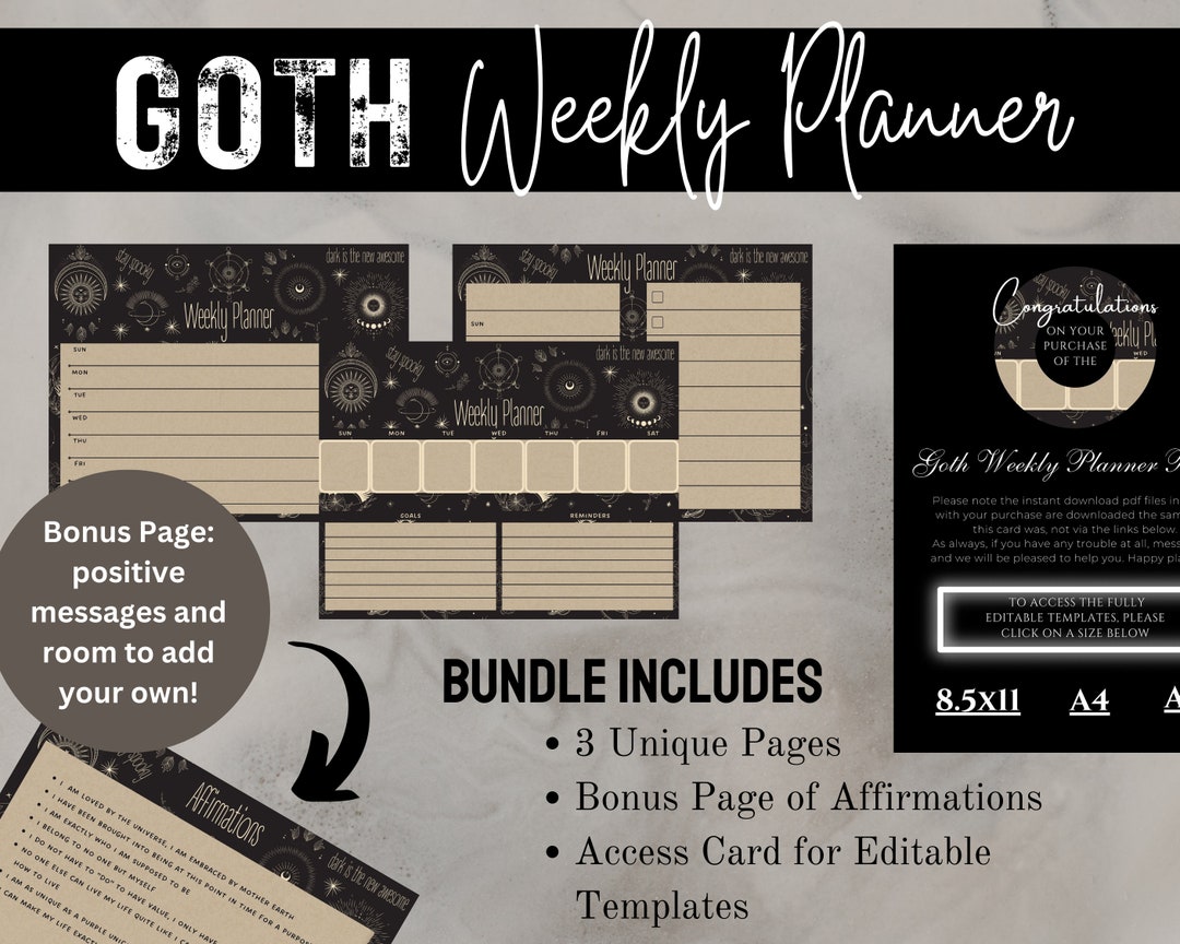 Goth Weekly Planner Bundle With Bonus Affirmation Page Digital Download ...