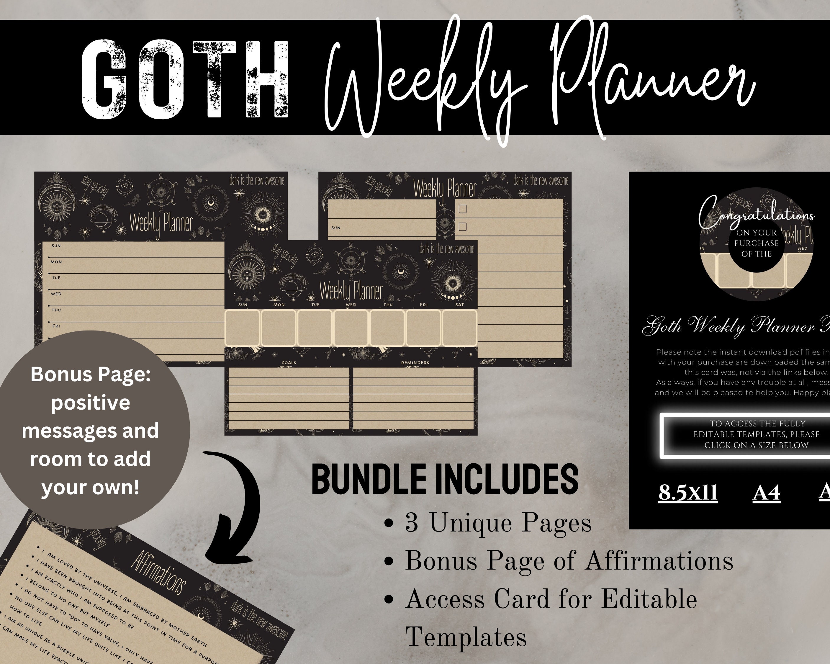 Goth Weekly Planner Bundle With Bonus Affirmation Page Digital Download ...