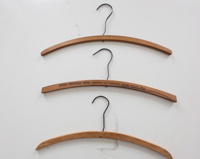 Set of 3 Vintage Flat Wooden Long Neck Hangers - 2 With Advertisement ...
