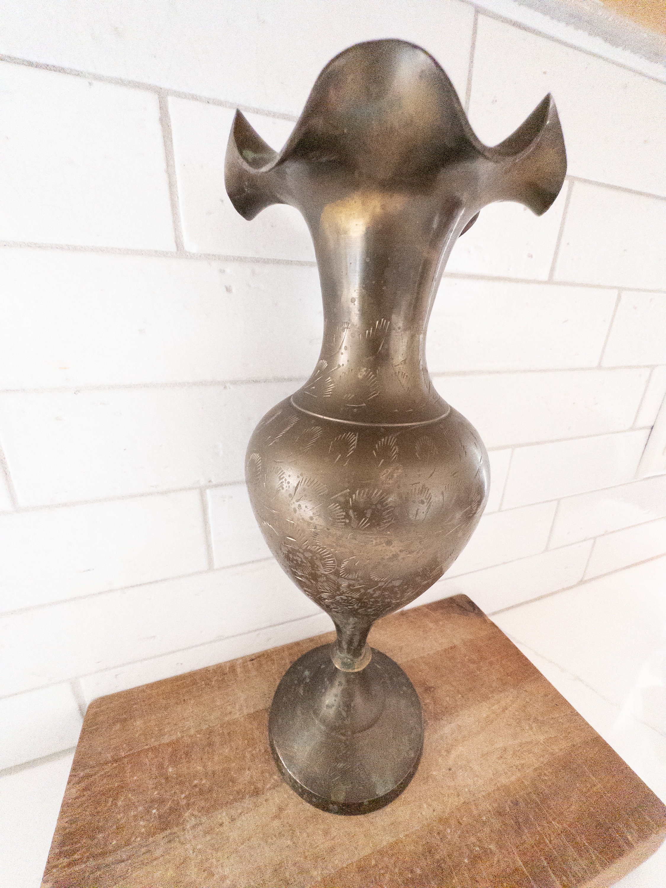 Vintage Etched Flower Pattern Brass Fluted Pedestal Vase - Aged Vintage ...