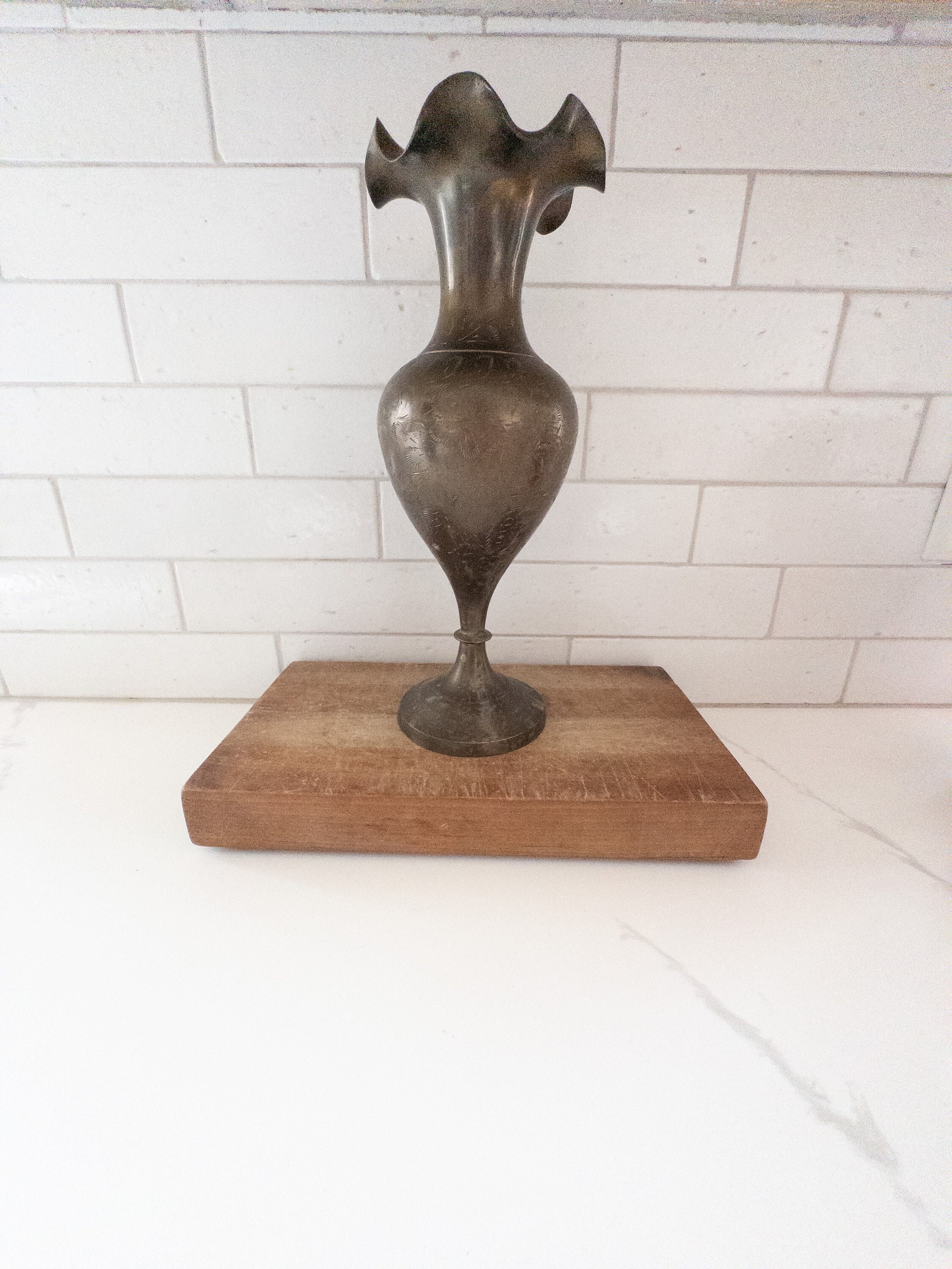 Vintage Etched Flower Pattern Brass Fluted Pedestal Vase - Aged Vintage ...