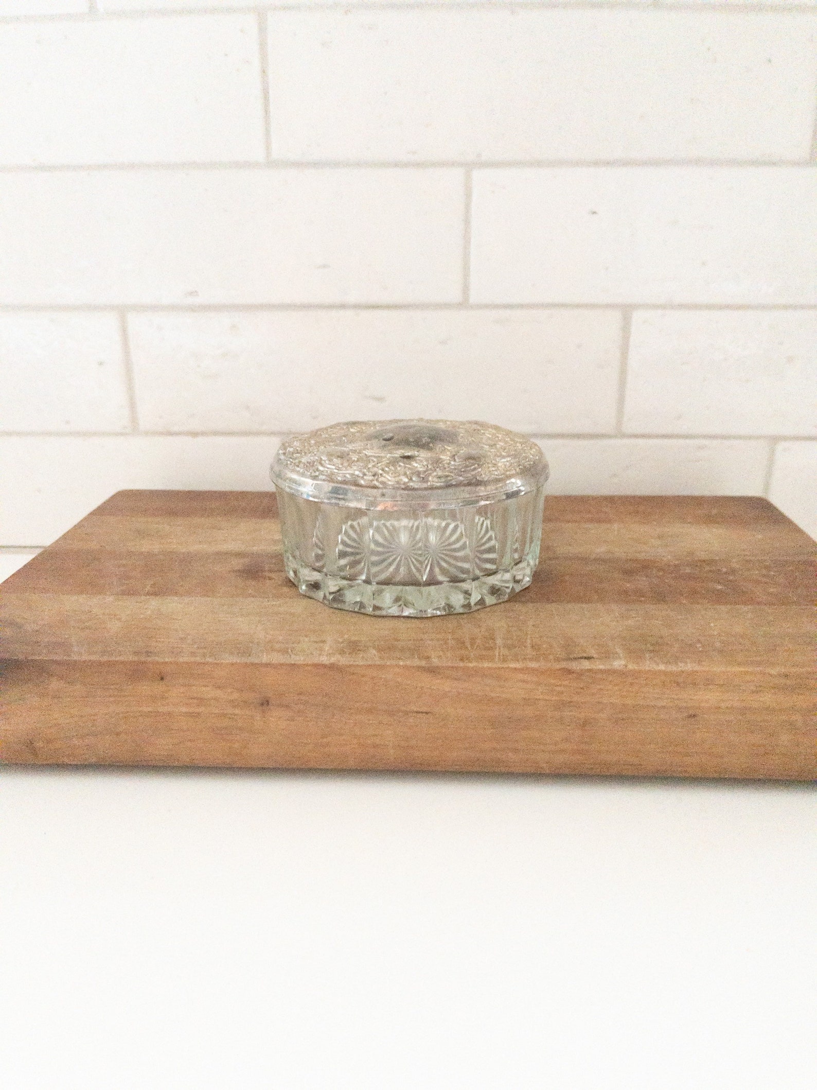 Vintage Vanity Glass Powder Box With Mirrored Silver Lid. Powder Puff ...