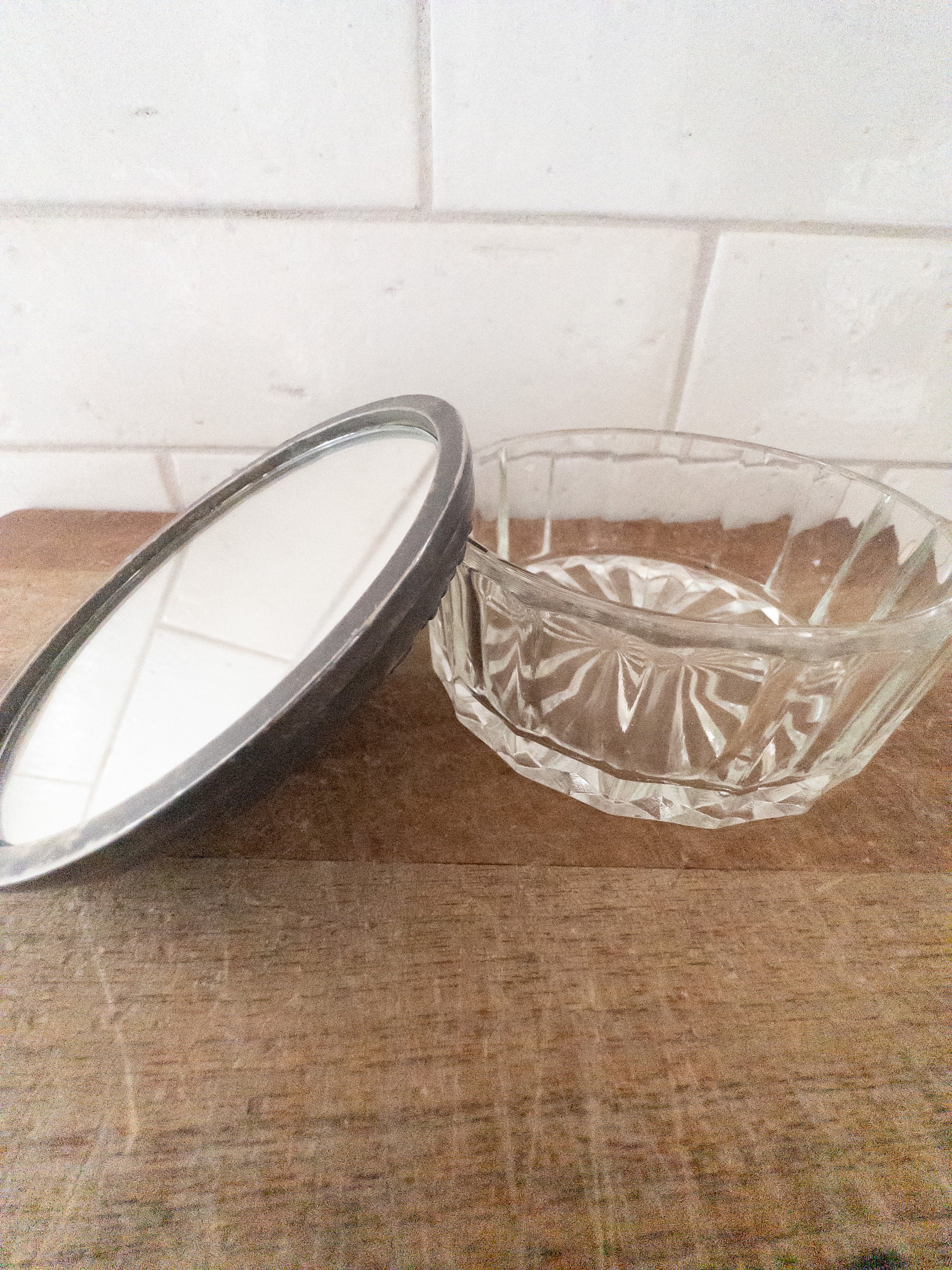 Vintage Vanity Glass Powder Box With Mirrored Silver Lid. Powder Puff ...
